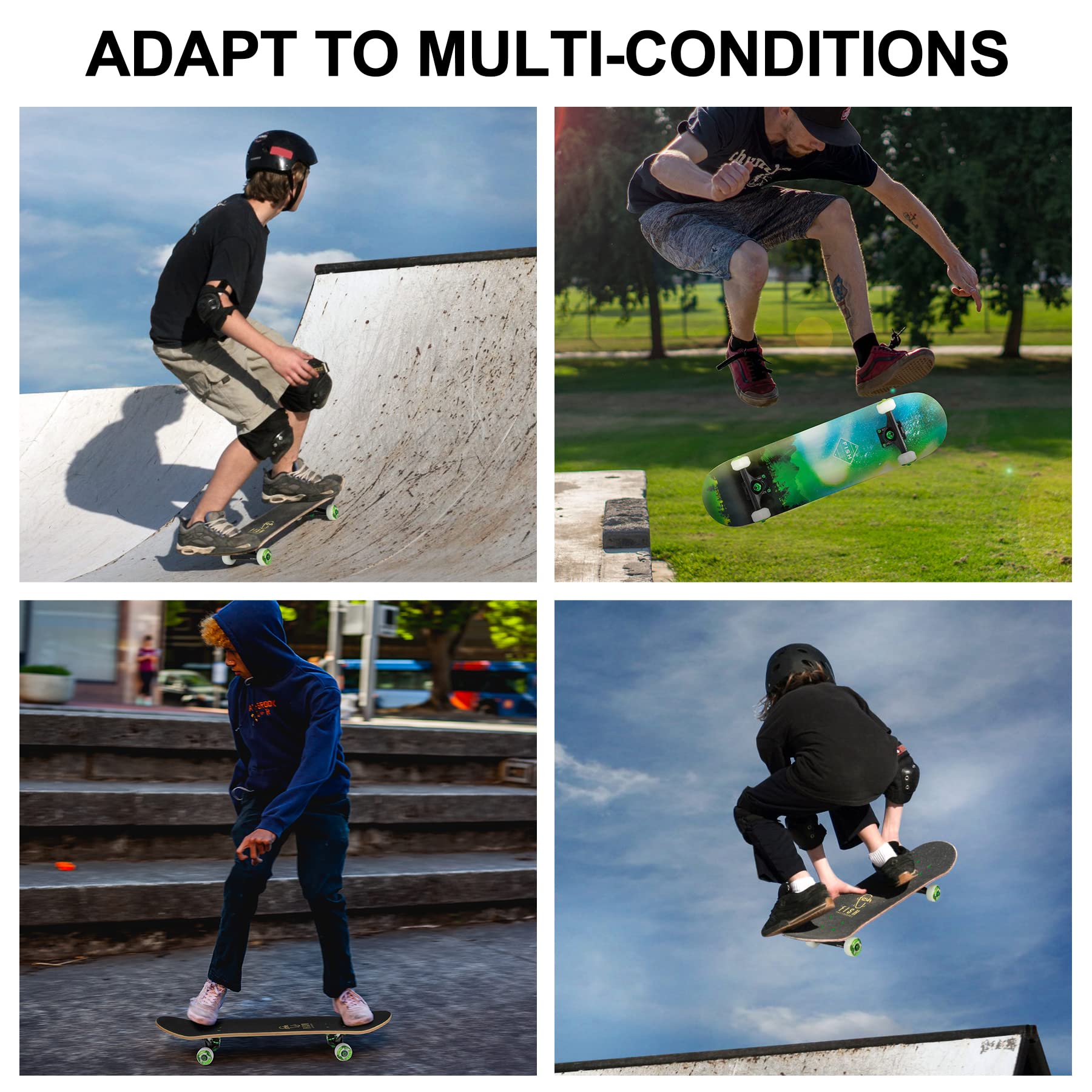 FISH SKATEBOARDS Standard Skateboard, Complete Skateboard 31''x 8'', 7 Layer Canadian Maple Double Kick Deck Concave Cruiser Trick Skateboards for Kids Boys Girls Youths Beginners.