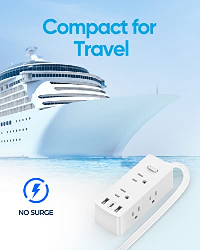 Flat Plug Power Strip - 6 Outlets 3 USB Ports (1 USB C) with 4.5ft Flat Extension Cord, Wall Mountable, Low Profile for Narrow Spaces in Kitchen Bedroom, Cruise Ship Travel Dorm Room Essentials