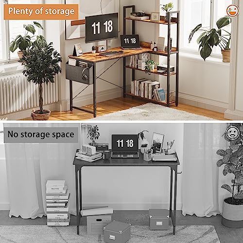 SiliBamb 47 Inch Computer Desk for Home Office, Small L Shaped Desk with Shelves, Corner Desk with Storage, Home Office Desks, Writing Study Desk, Brown
