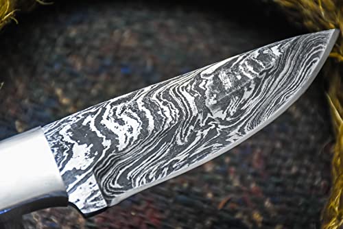 Damascus Hunting Knife with RamHorn + Bone Handle - Survival - Camping - Damascus Steel - Damascus Hunting with Sheath Fixed Balde-EveryDay Carry,Comabt,Hunting Skinning,Fire Starter,Ram Horn Handle With Brass Bolster. Art No26376