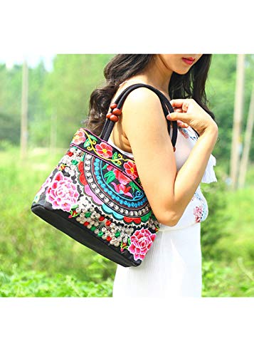 Embroidered Canvas Top Handle Handbags for Women,Ladies Casual Vintage Handbag Tote Bag