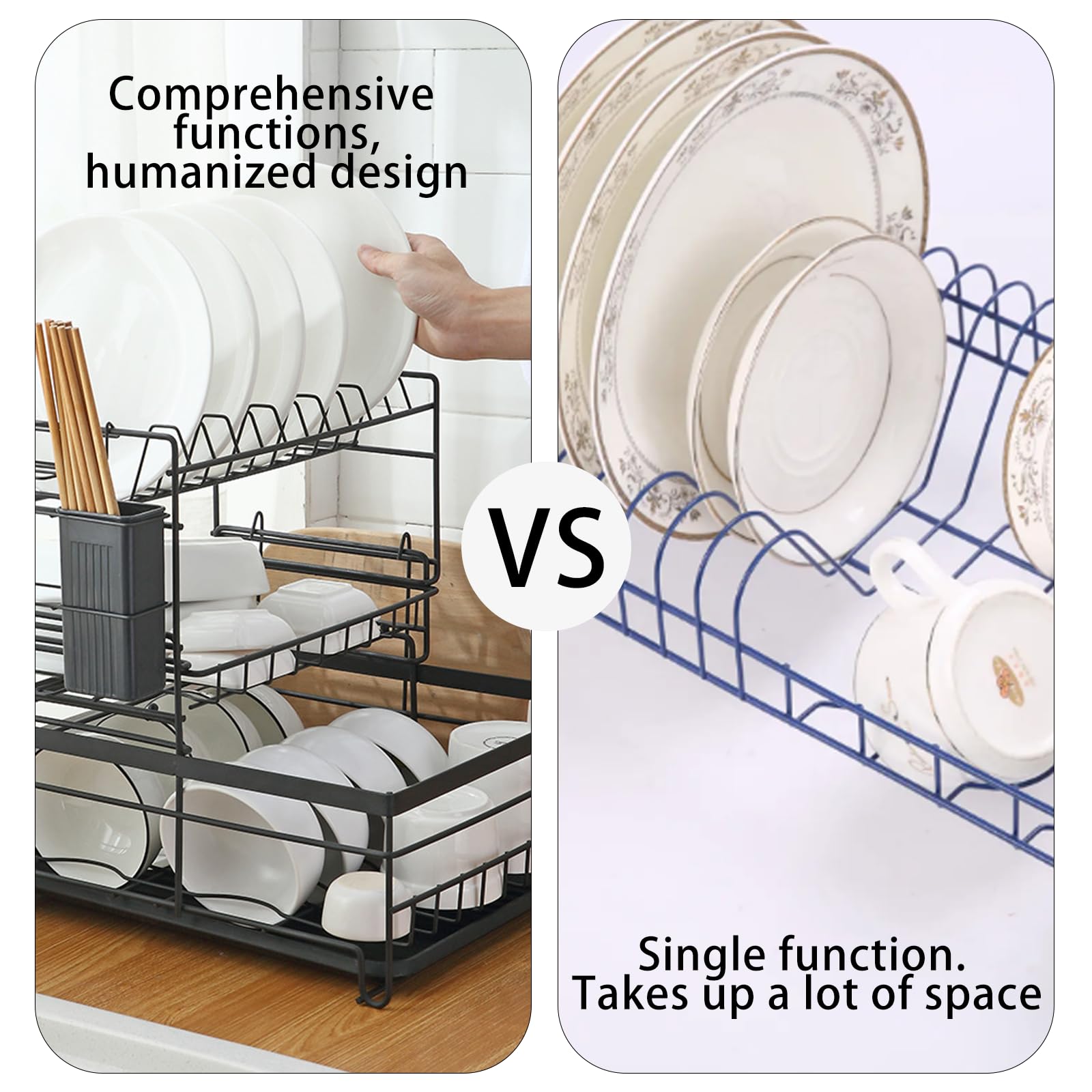 ClearTone 3 Tier Dish Drying Racks, Black Dish Drying Rack for Kitchen Counter, Stainless Steel Dish Strainers for Kitchen Counter with Drainboard Pan Slots and Utensil Holder,Black