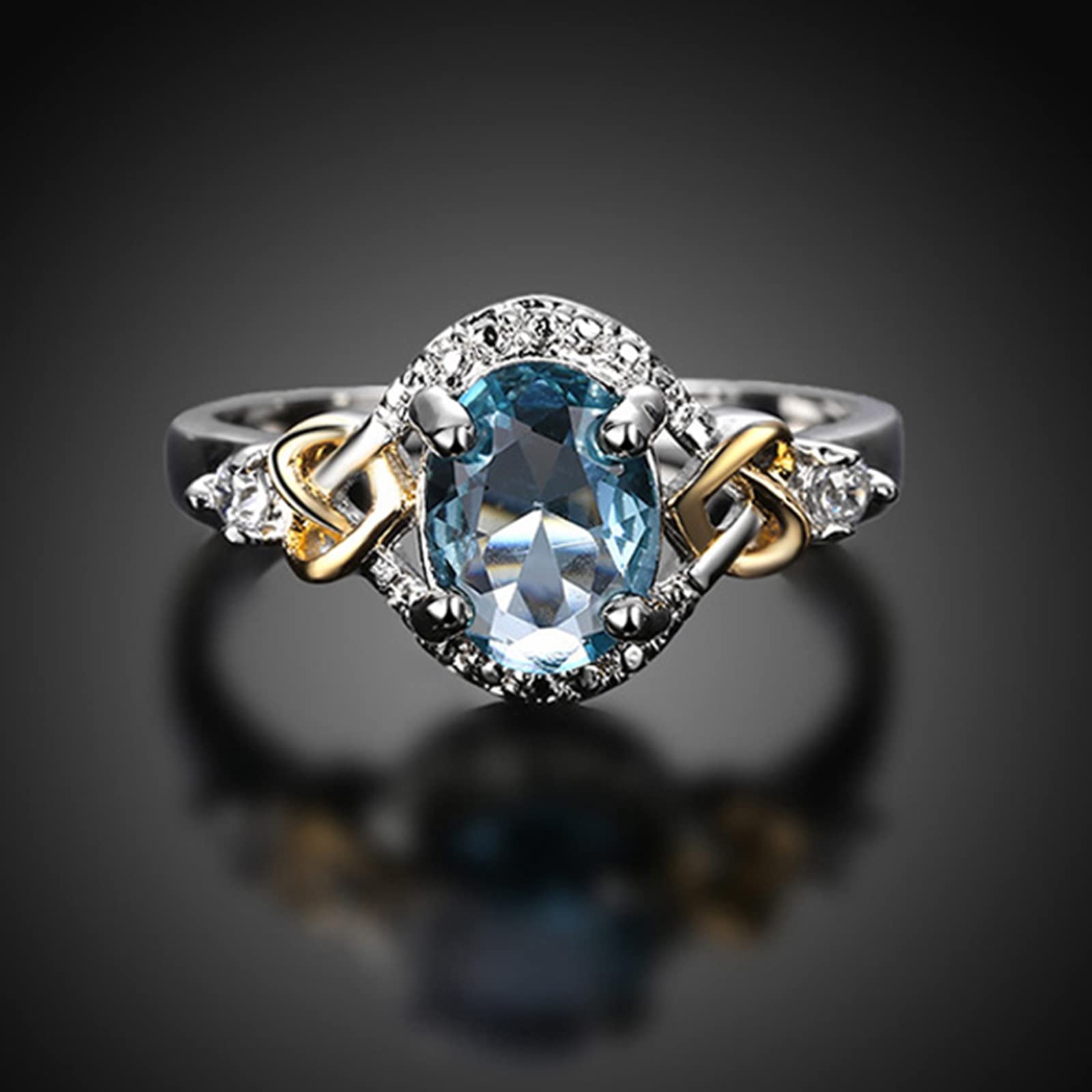 Daesar Womens Engagement Rings, 18K White Gold Plated Ring For Women Oval Blue Cubic Zirconia Wedding Ring Knot Heart Ring Size 7