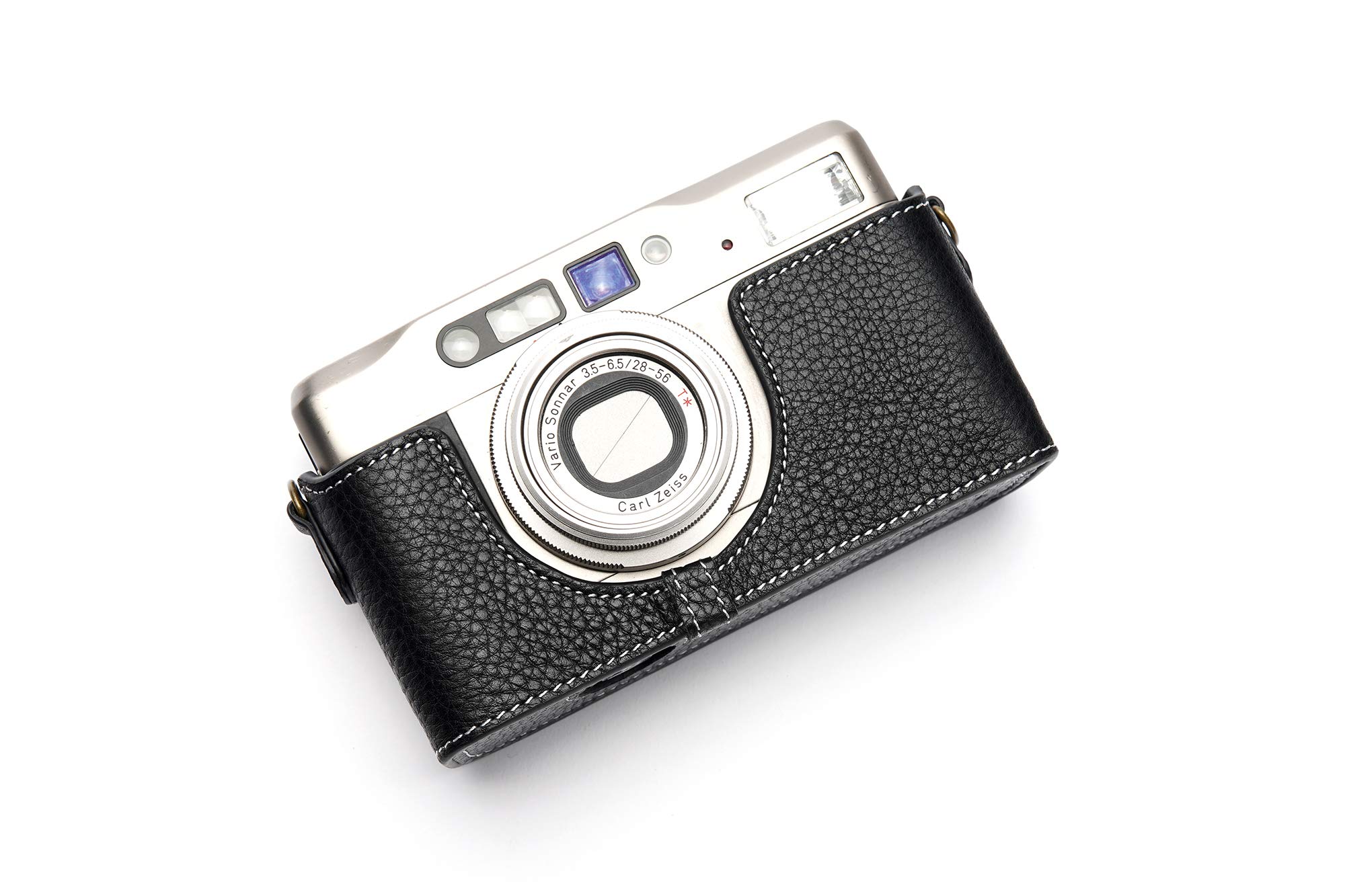 Contax TVS II Case, BolinUS Handmade Genuine Real Leather Half Camera Case Bag Cover for Contax TVS II Camera with Hand Strap (Black)