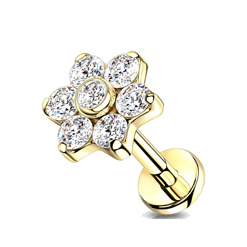 Dynamique Implant Grade Titanium Internally Threaded Labret, Flat Back Studs With 6 CZ Set Flower Top (Sold Per Piece)