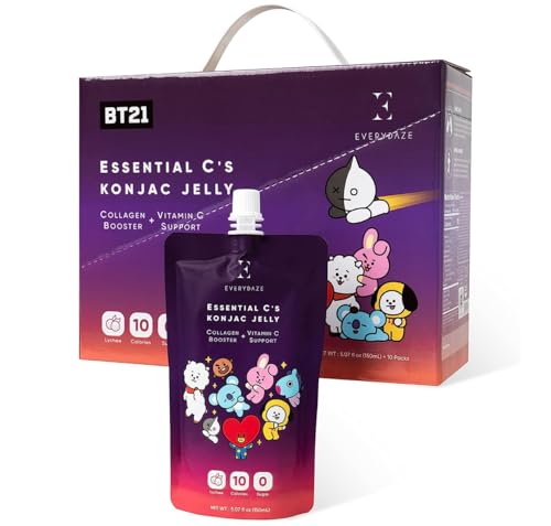 EVERYDAZE BT21 Essential C’s Collagen + Vitamin C Konjac Jelly | Vegan, 10 Calories, 0 Sugar | Lychee | 10 Packs | Healthy Diet Pouch Drinkable Snack Drink, Weight Management