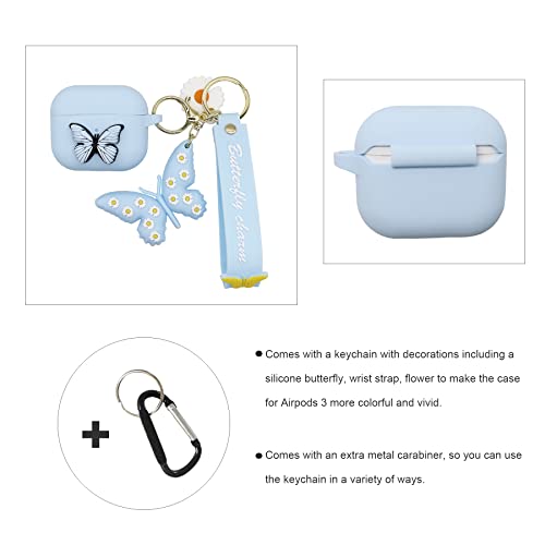 Jeriwell Compatible with AirPods 3rd Generation Case Cover Soft Silicone Waterproof 3D Butterfly with Keychain for Airpods 3 Charging Case 2021 for Women Girls (Light Blue)