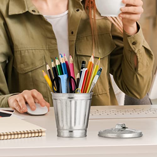 TOYANDONA Mini Trash Can with Lid- Stainless Steel Small Desktop Garbage Can, Tiny Trash Bin Office Wastebasket for Countertop Pen Pencil Cup Holder for Office Supplies