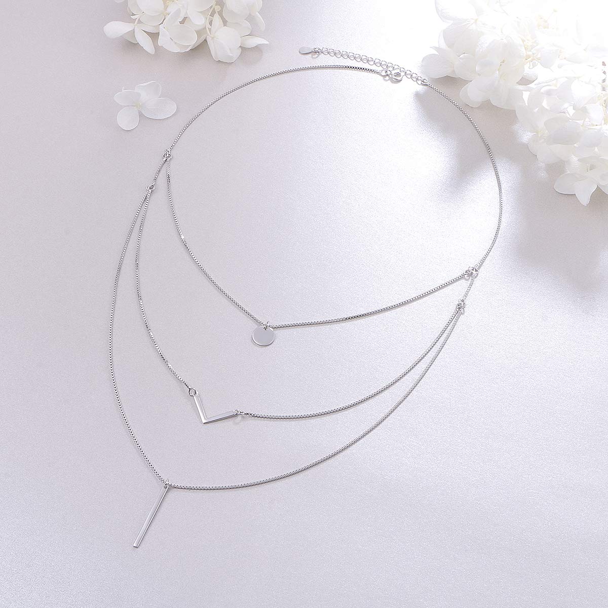 DAOCHONG S925 Sterling Silver Triple Layer Pendant Choker Necklace for Women 16"+2" (A)