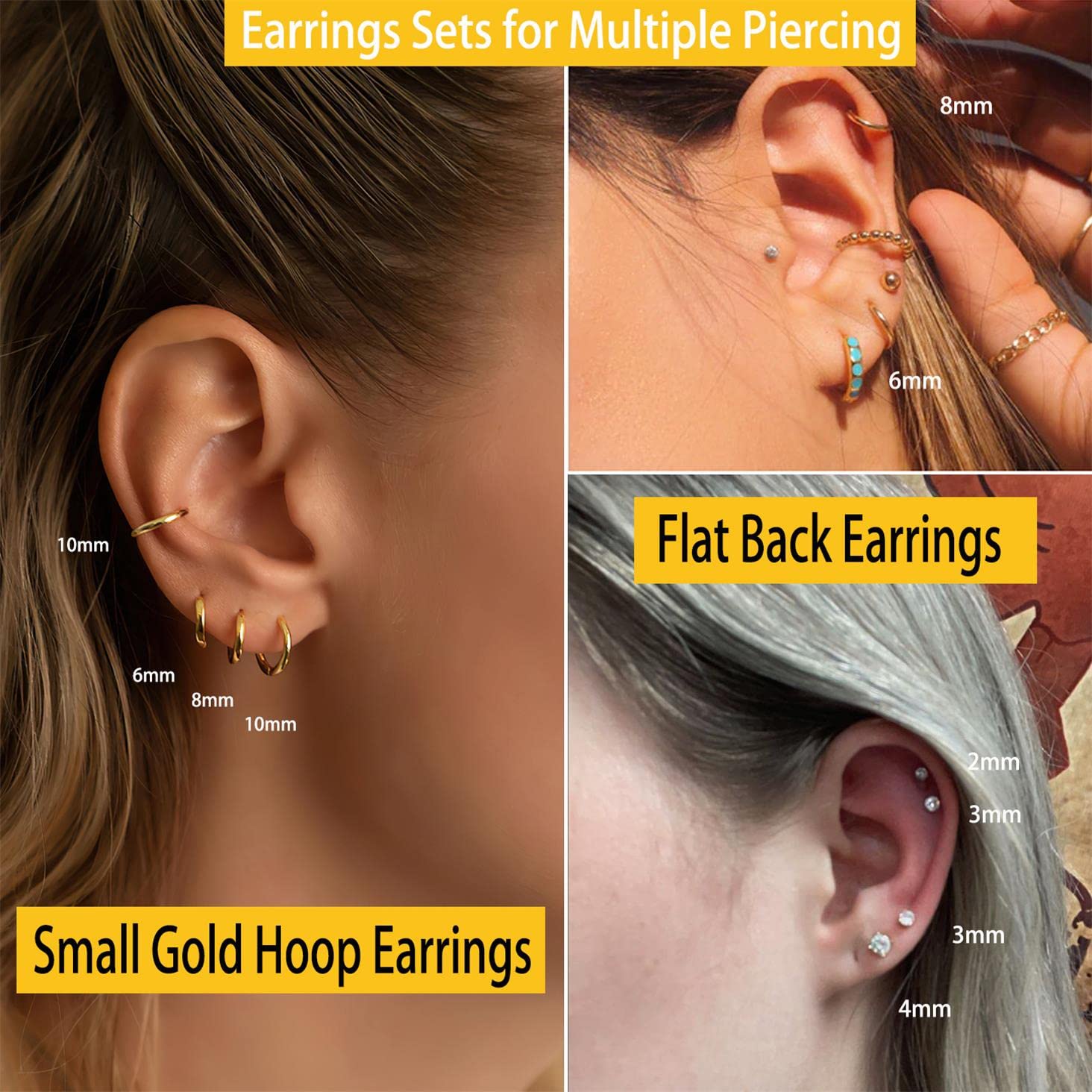 Dainty 6 Pairs Earrings Sets for Multiple Piercing, Lightweight 14K Gold Plated Small Huggie Hoop Earrings, Lobe, Hypoallergenic (14K Gold Plated- Huggie Hoops and CZ Studs)