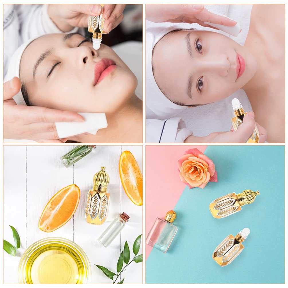 Healeved 3pcs Mini Arabic Crystal Glass Roller Bottles 6ml Gold Refillable Essential Oil Roll On Dispenser Empty Travel Perfume Sample Container