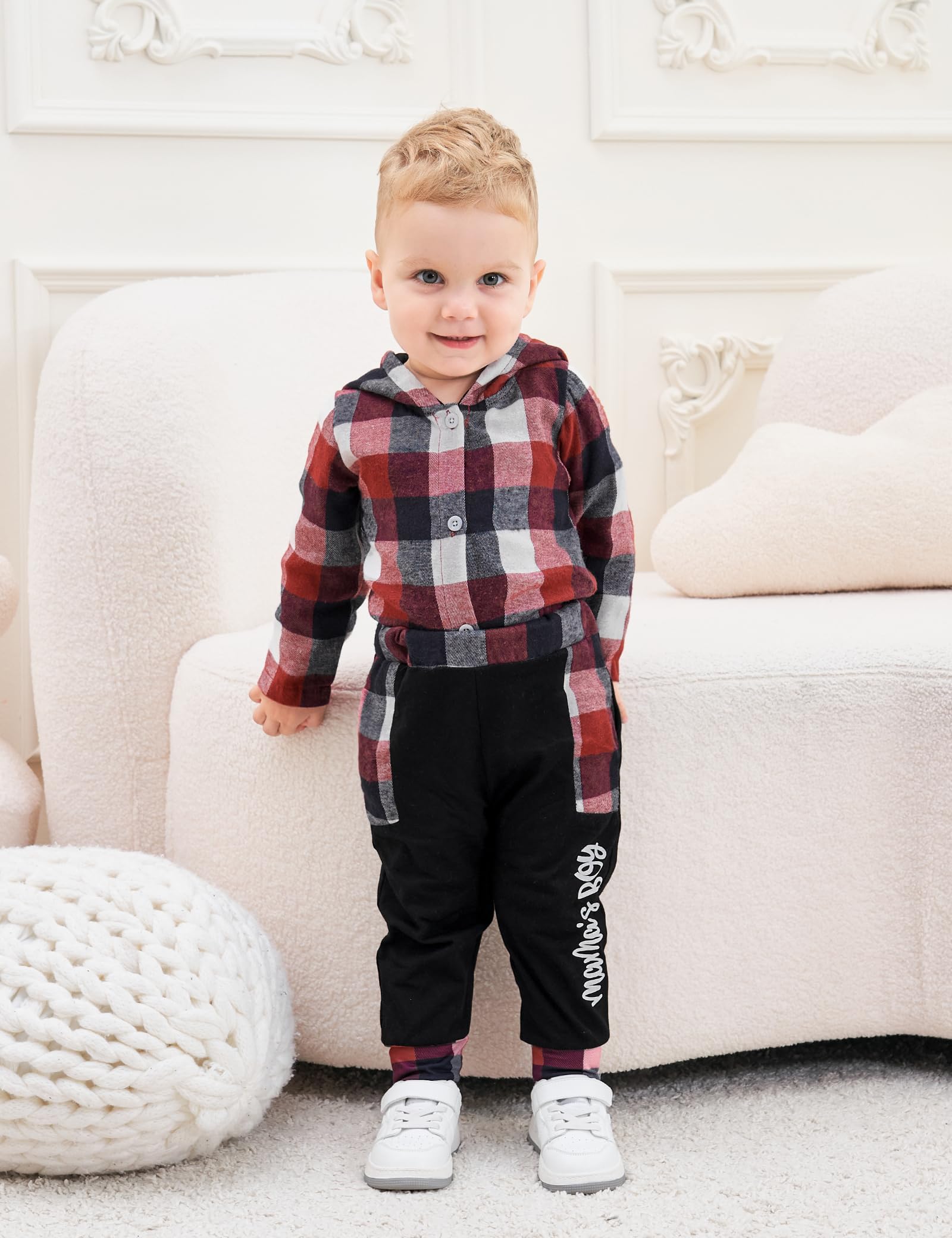 Fuermos Newborn Infant Baby Boy Clothes Plaid Button Long Sleeve Hoodies Romper+ Mama's and Boy Pants Outfits Set