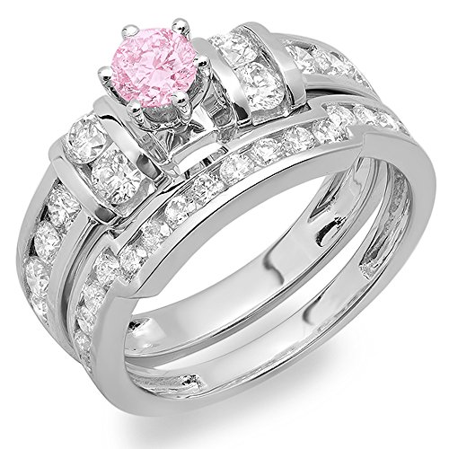 Dazzlingrock Collection 14K Pink Sapphire & White Diamond Women Engagement Ring Wedding Band Set, White Gold, Size 8.5