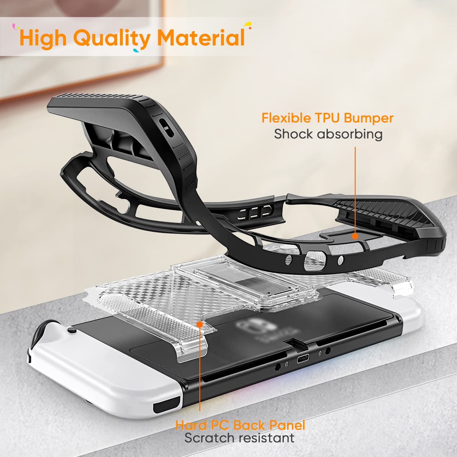 Fintie Case for Nintendo Switch OLED Model 2021 w/Fixed Stand, [Shock Proof] Protective Cover w/Hard Matte Clear Back Panel & Soft TPU Bumper, Ergonomic Grip for Switch OLED Model Console, Black