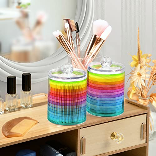 Kigai 2 Pack Rainbow Stripe Qtip Holders Dispenser Bathroom Vanity Organizers Clear Plastic Apothecary Jars with Lids for Cotton Ball, Cotton Swab, Cotton Round Pads, Floss