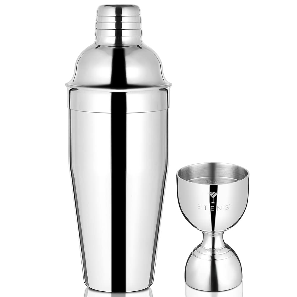 Etens Cocktail Shaker Double Jigger Set, Bundle Martini Shaker 24oz & Bell Jigger 2oz 1oz for Bartending – Bar Drink Margarita Mixer | Shot Measure Jigger with Measurements | Bartender Kit Measuring