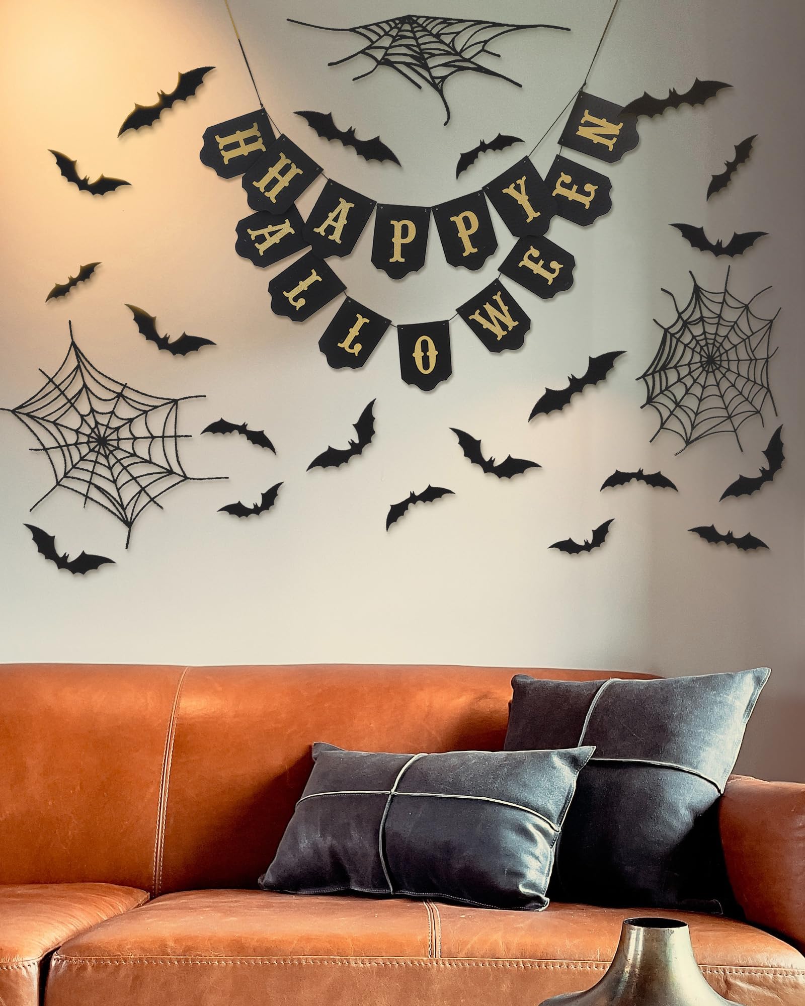 DN DECONATION Halloween Decorations Indoor Set, 24PCS Happy Halloween Banner Bundle, Halloween Garland Fireplace Mantel Decoration for Wall, Scary 3D Bat Spider Web for Spooky Party Home Office Decor