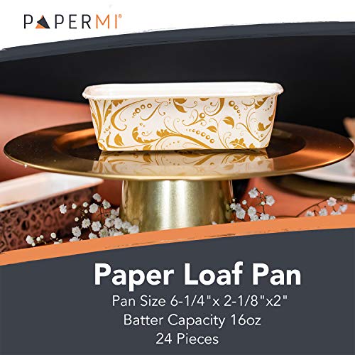 PaperMi Paper Loaf Pan, Disposable Paper Baking Loft Mold 24ct, Elegant Pan Supplies for Baking Bread, Small Meatloaf, Bundt Cake Microwave Oven Freezer Safe (6-1/4" x 2-1/8" x 2)