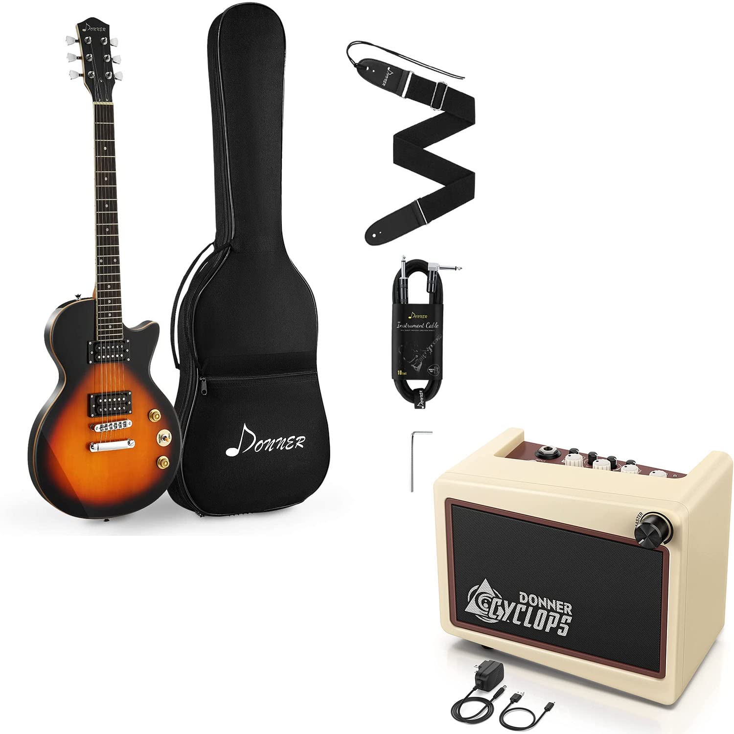 Donner 39 Inch LP Electric Guitar & 5 Watt Wireless Small Electric Guitar Amplifier, Cyclops Guitar Combo Amp with 7 Amplifier Models 3 Types of Effects: Mod, Delay, Reverb and Drum Machine