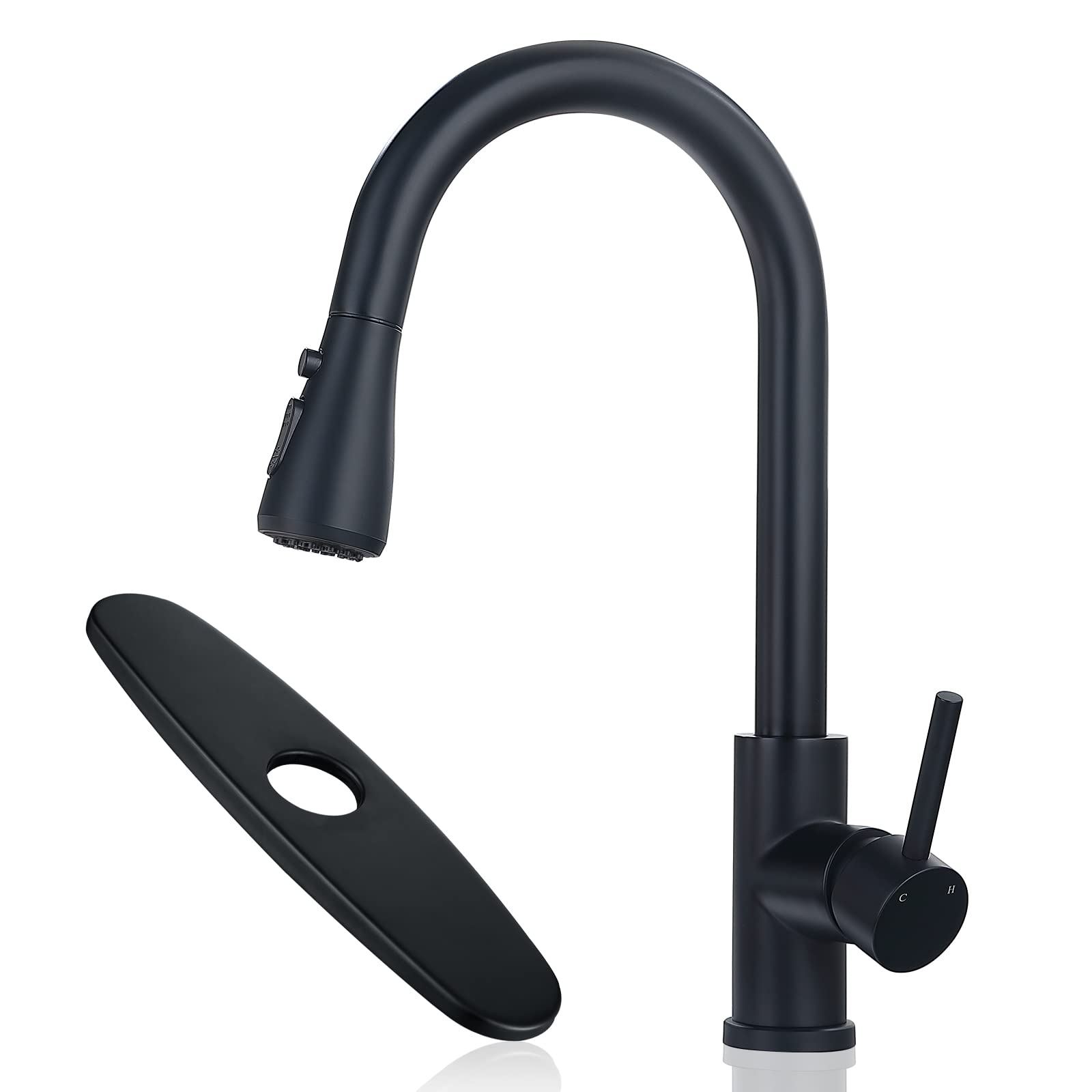 Hiqufet Black Kitchen Faucet with Pull Down Sprayer, Kitchen Sink Faucet with Pull Out Sprayer Fingerprint Resistant Including Escutcheon Plate