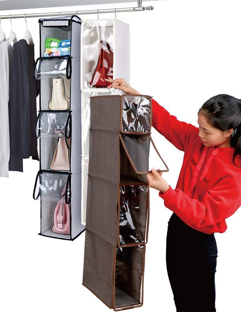 Dearjana 4 Tier Handbag Purse Organizer with Dustproof Cover, Foldable Hanging Closet Wardrobe Storage Shelves Closet Storage System for Living Room Bedroom Home Use, Brown