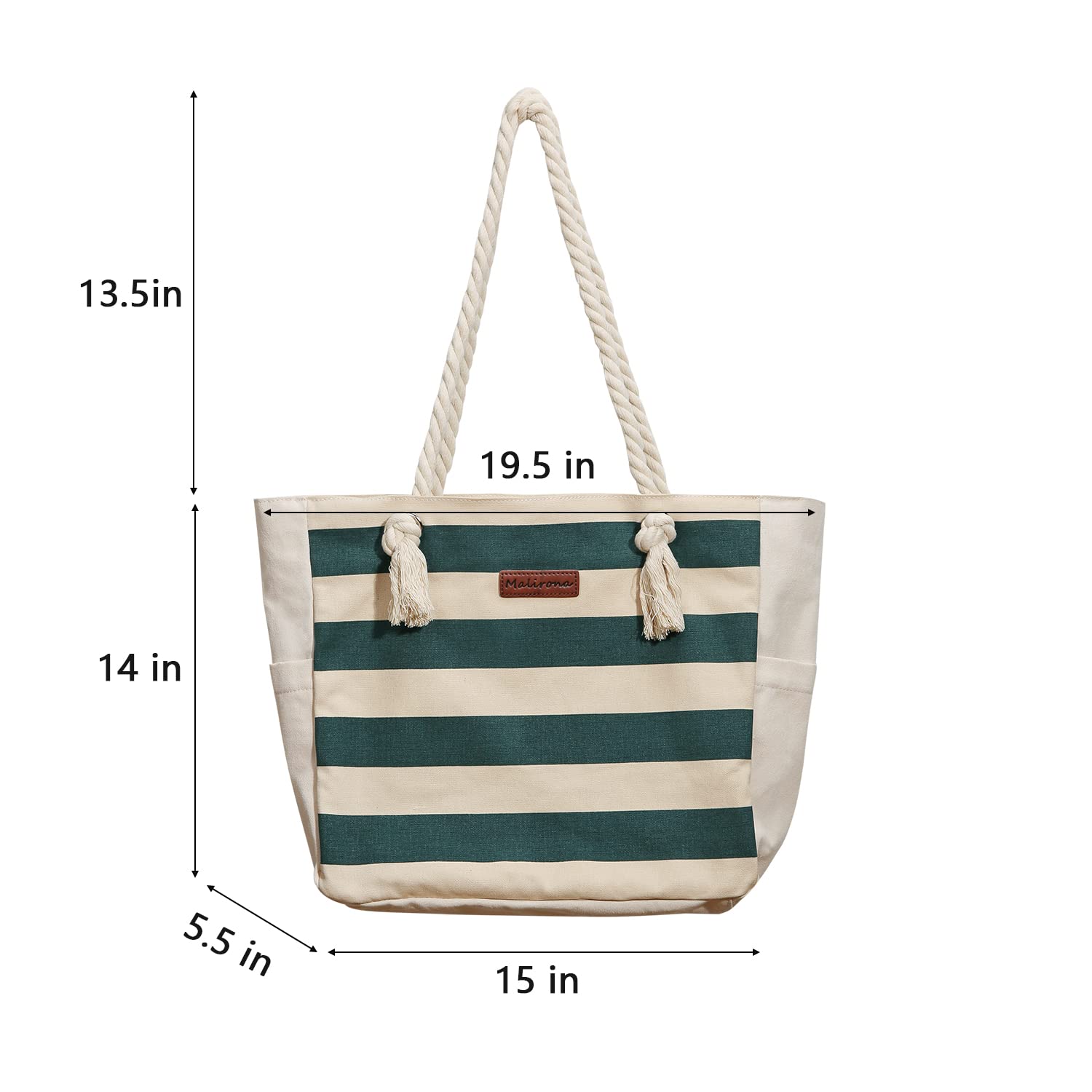 Malirona Large Beach Travel Tote Bag Canvas Shoulder Bag with Cotton Rope Handle (Green Stripes)