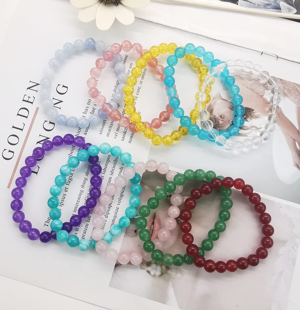 FINZOR 14Pcs 8MM Stone Beaded Bracelets for Women Men Semi-Precious Gemstones Bracelets Crystal Beaded Bracelet Unisex Adjustable Stretch Bracelets