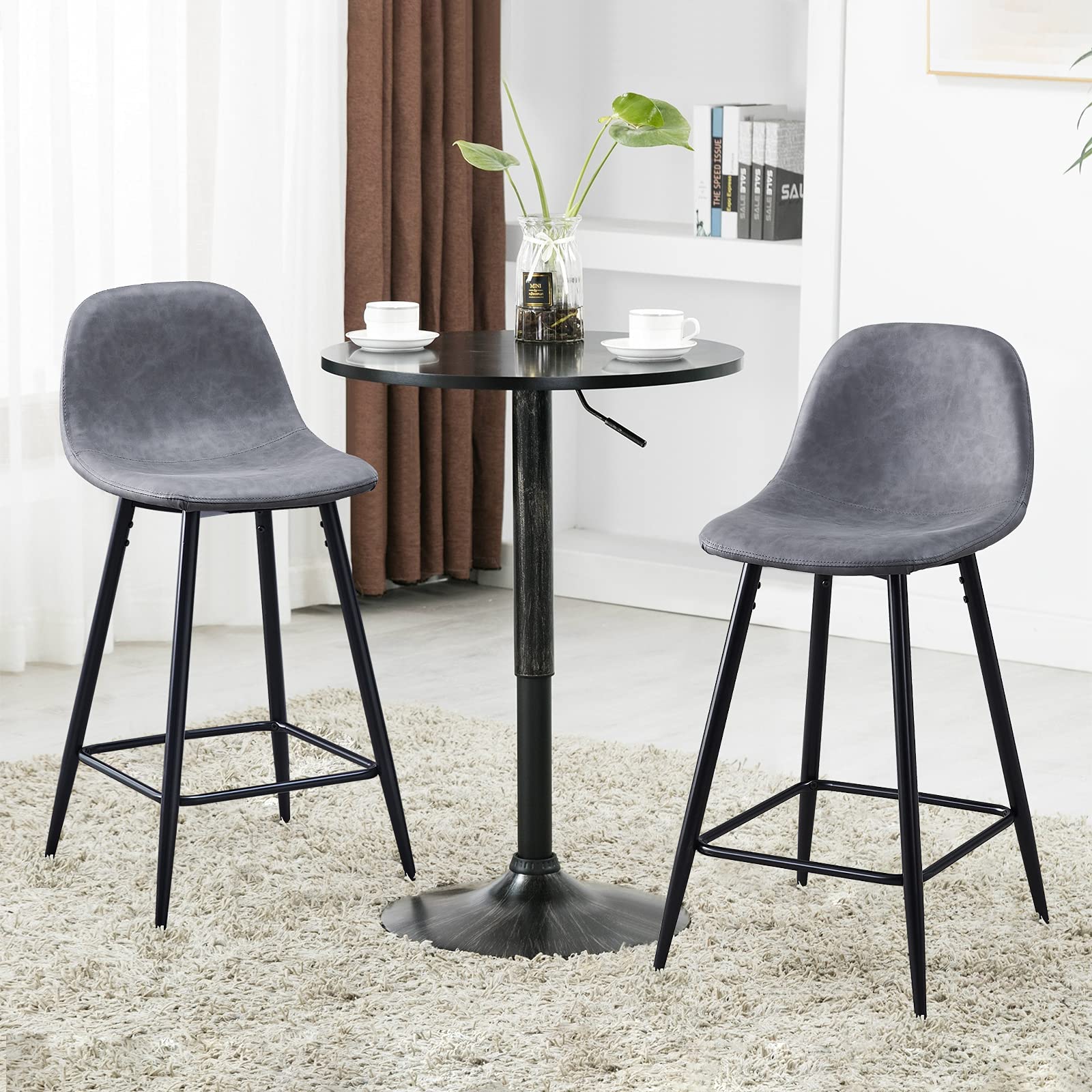 CLIPOP Pu Leather Bar Stools Set of 2, 26" Counter Height Bar Stool with Back, Sturdy Metal Legs, Footrest, Kitchen Bar Chairs for Home Island Breakfast Pub, Maximum Weight 330 lbs, Grey