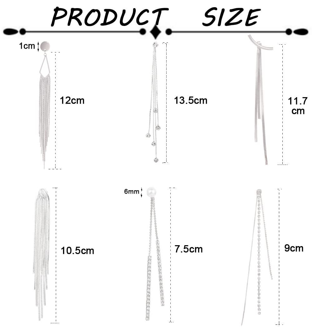 FINZOR 6 Pairs Long Tassel Dangle Drop Earrings for Women Punk Sleek Metal Chain Earrings Wedding Bridesmaid Jewelry(Silver)