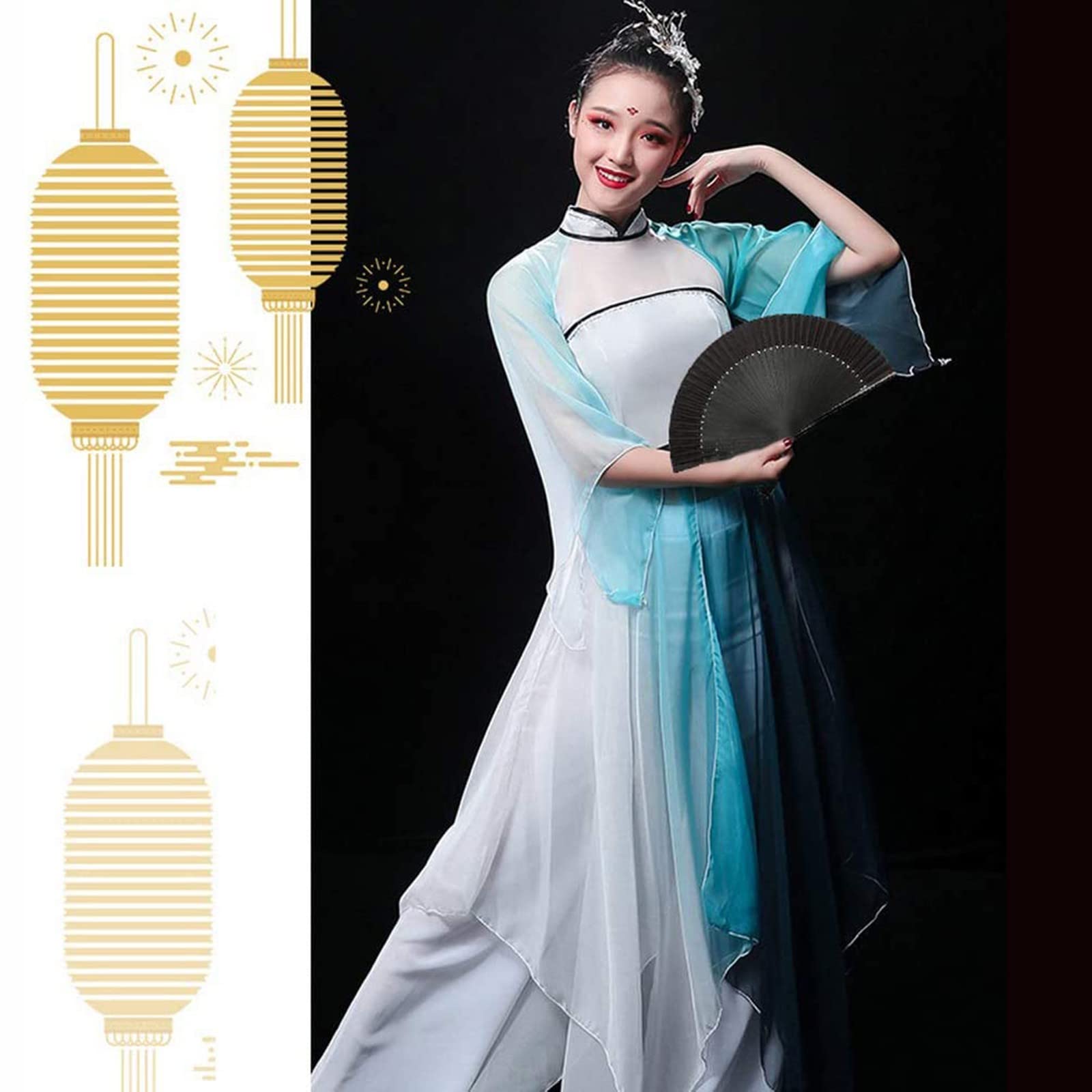 ERTUO Black Hand Fan Chinese Folding Fan Silk Fan Bamboo Fan Retro Women's Men's Suitable as Wedding Gift