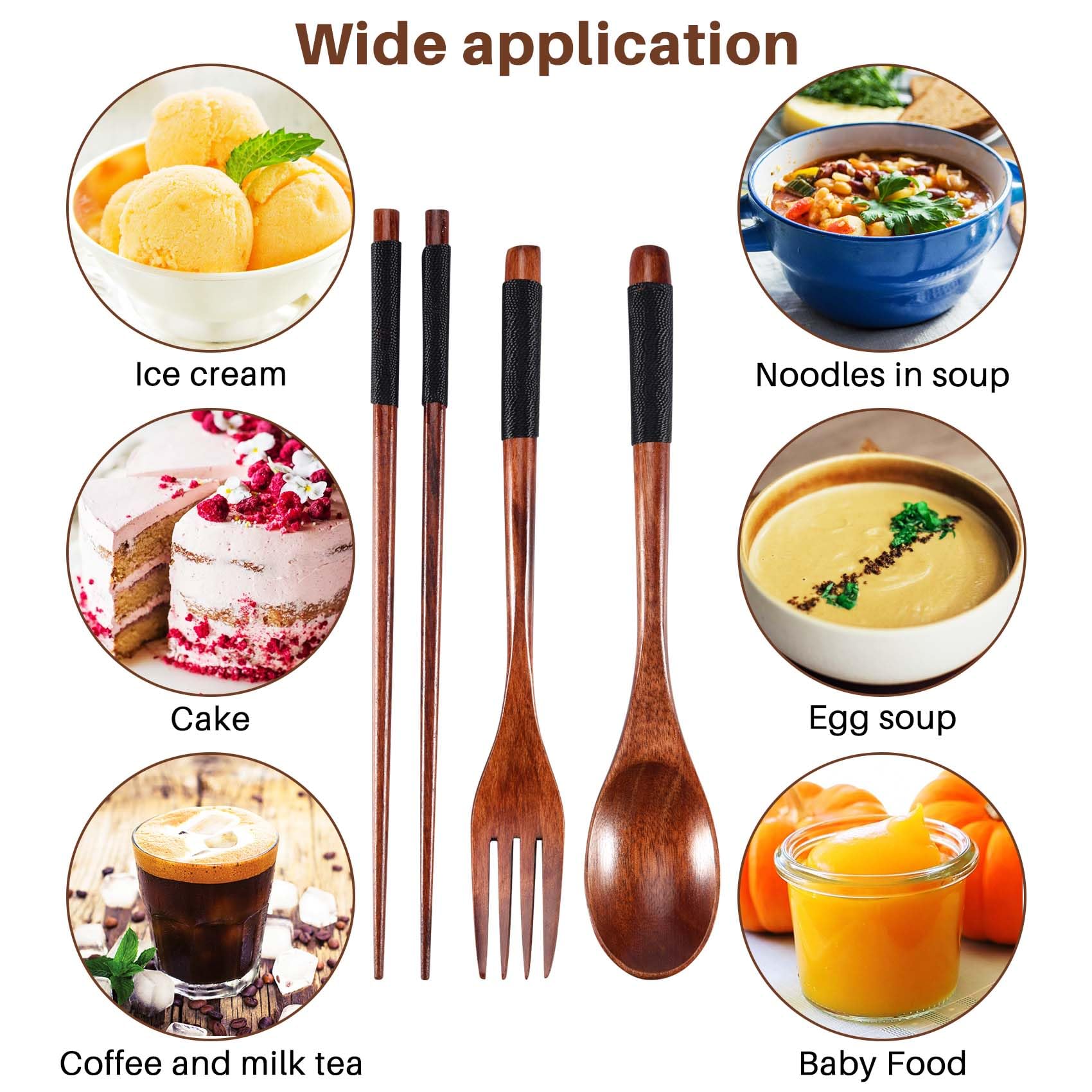 Lizusidtsy Wooden Flatware Set, Wooden Portable Set Chopsticks Spoon Fork Tableware Dinnerware with Black Twining Thread