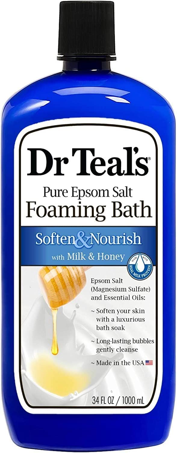 Dr Teal's Milk & Honey Foaming Bath Gift Set (4 Pack, 34oz Ea) - Soften & Nourish Formula with Milk & Honey - Essential Oils Blended with Pure Epsom Salt Ease Aches & Pains & Alleviates Daily Stress