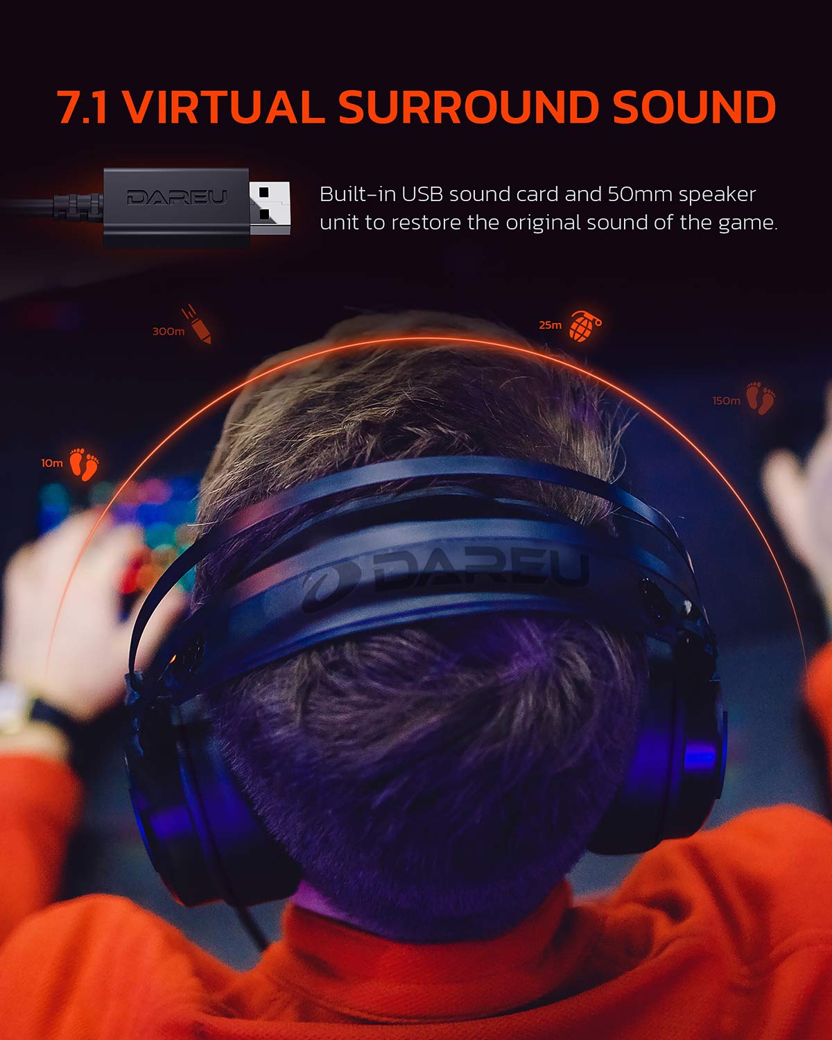 DAREU USB Gaming Headset with Microphone, RGB Light Gaming Headset with 7.1 Surround Sound, Noise Canceling Mic for PC Mac Laptop