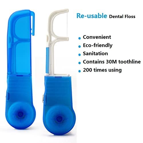 Koouood Re-usable Dental Floss Holder,Reusable, 30 Meters Long Dental Floss, Easy to Carry, Blue, 4.33x0.63x1.1 Inch