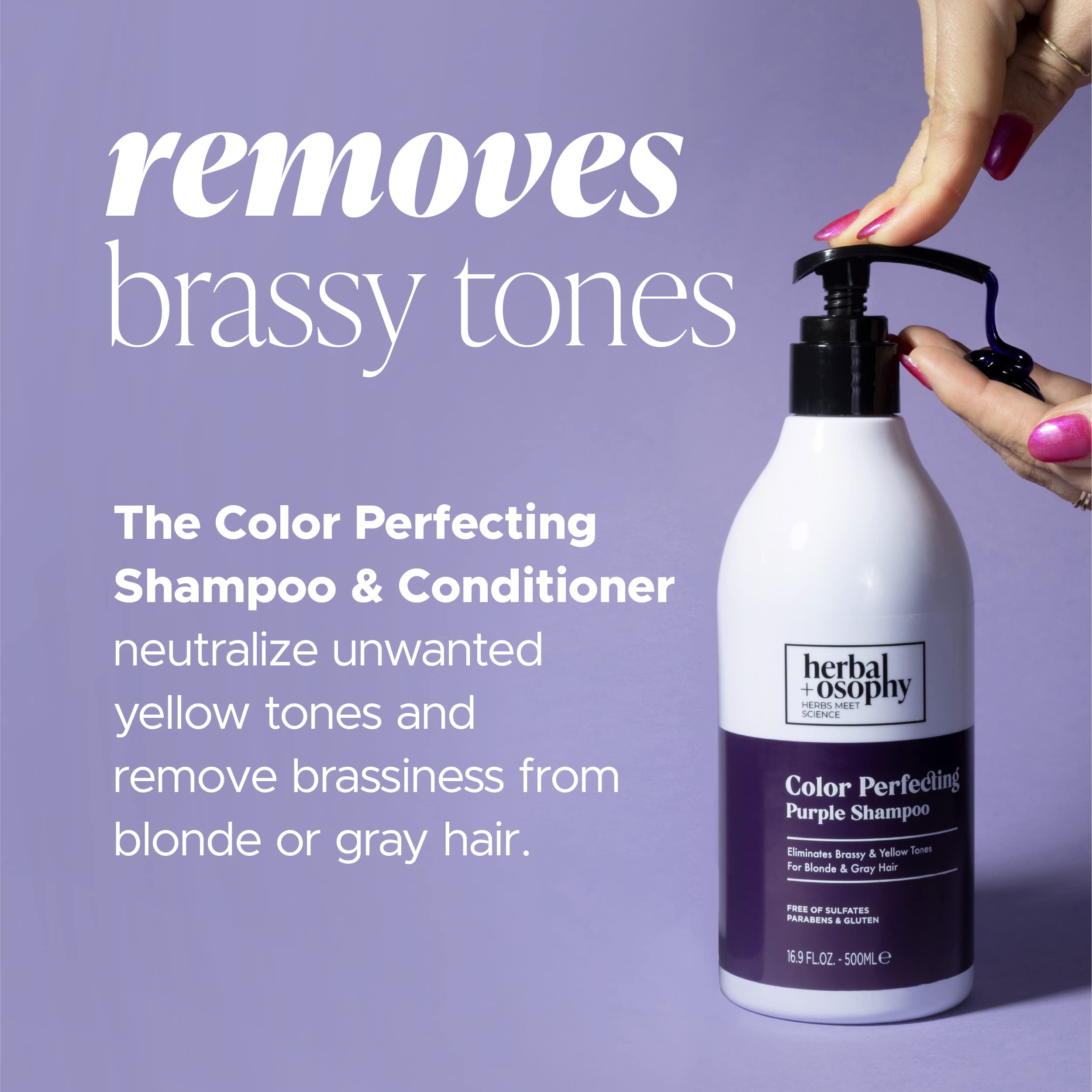 Herbalosophy 2 x 16.9 Fl Oz Purple Shampoo & Conditioner Set for Blonde and Gray Hair, with 3.38 Fl Oz Hair Serum, Eliminates Brassy and Yellow Tones