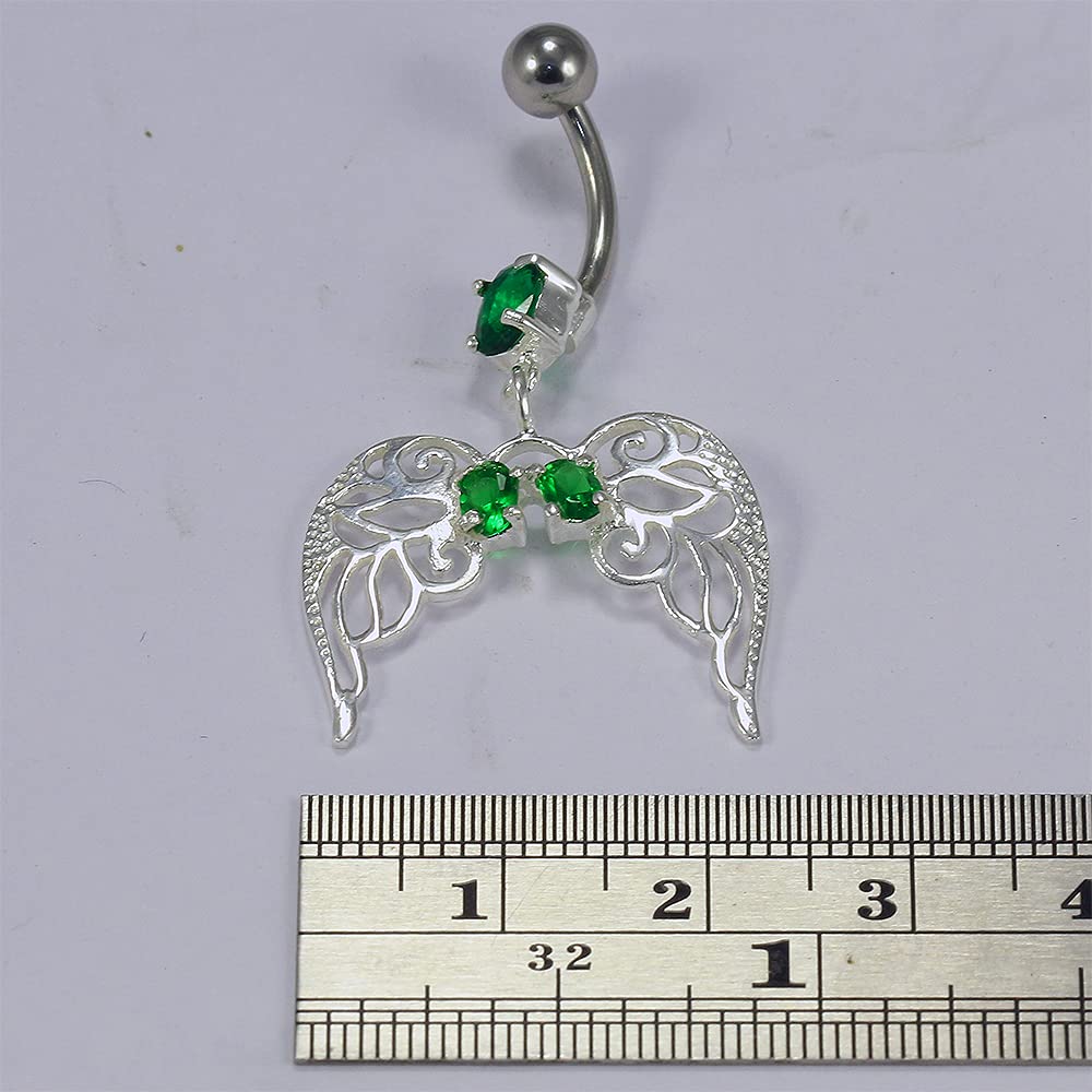 Dark Blue Gemstone Fancy Angel Wings with Floral Dangling Design 925 Sterling Silver with Stainless Steel Belly Button Navel Rings