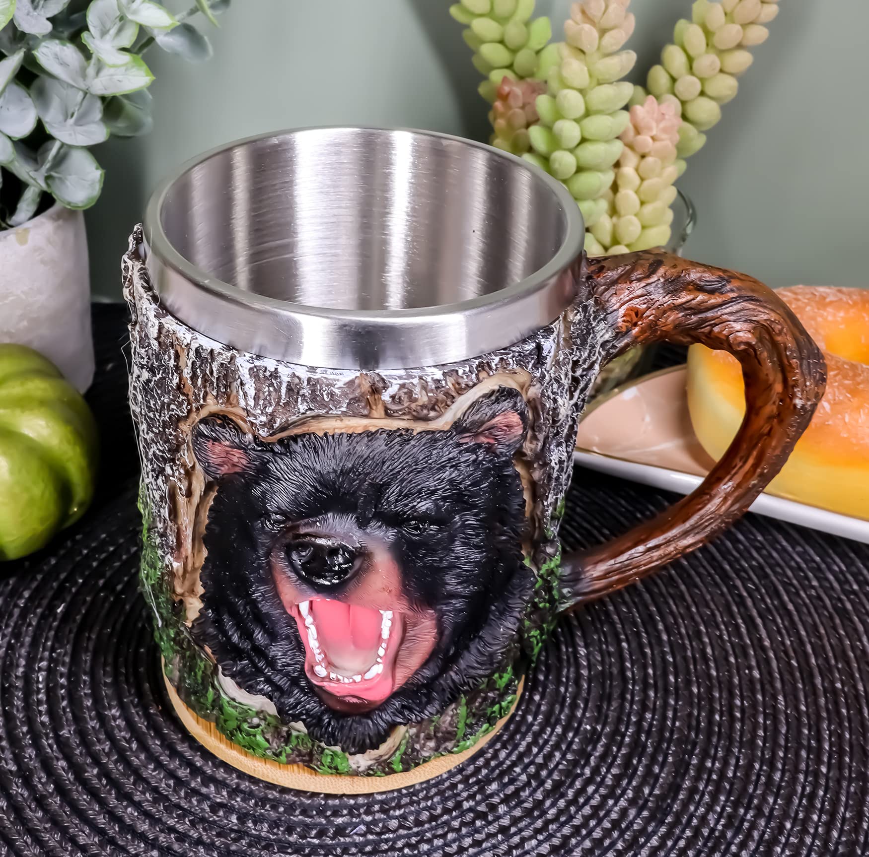 Ebros Gift Nature Wildlife Roaring Black Bear Mug With Rustic Tree Bark Design 12oz Drink Beer Stein Tankard Coffee Cup