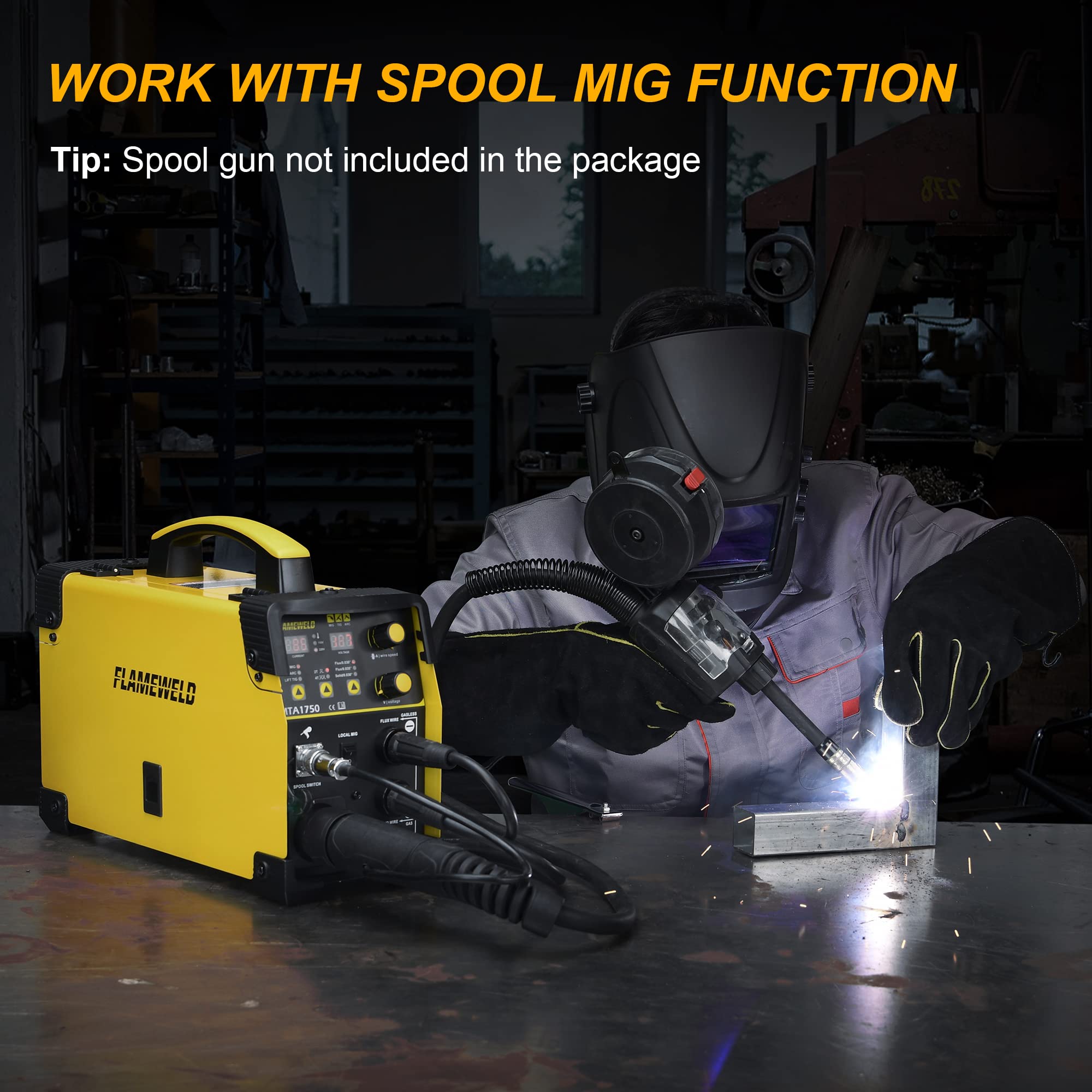 Flameweld Mig Welder Machine - 3 In 1 Gas/Gasless MIG, Spool Gun MIG, Lift TIG/Stick Welding Machine, 110/220V Dual Voltage, 175A MIG Welding Machine