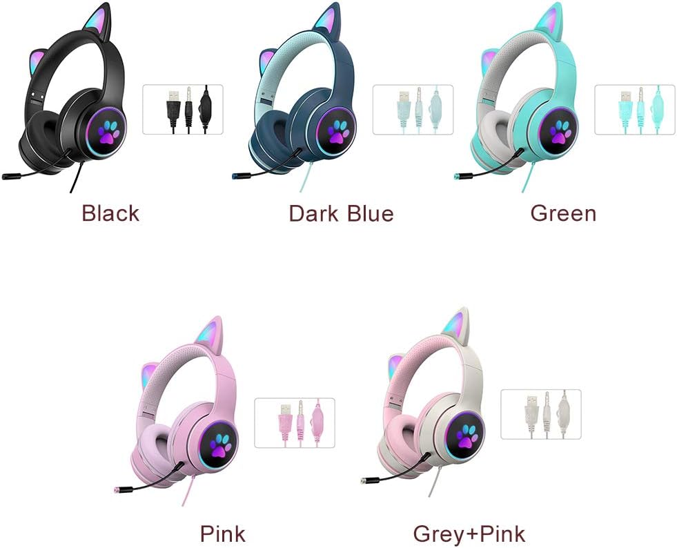 EKDJKK Cat Ear Bluetooth Headphones Foldable Wireless LED Light Up Foldable Headphones HiFi 3.5MM Noise Reduction Headphones Computer Gaming Headset with Microphone and Volume Control