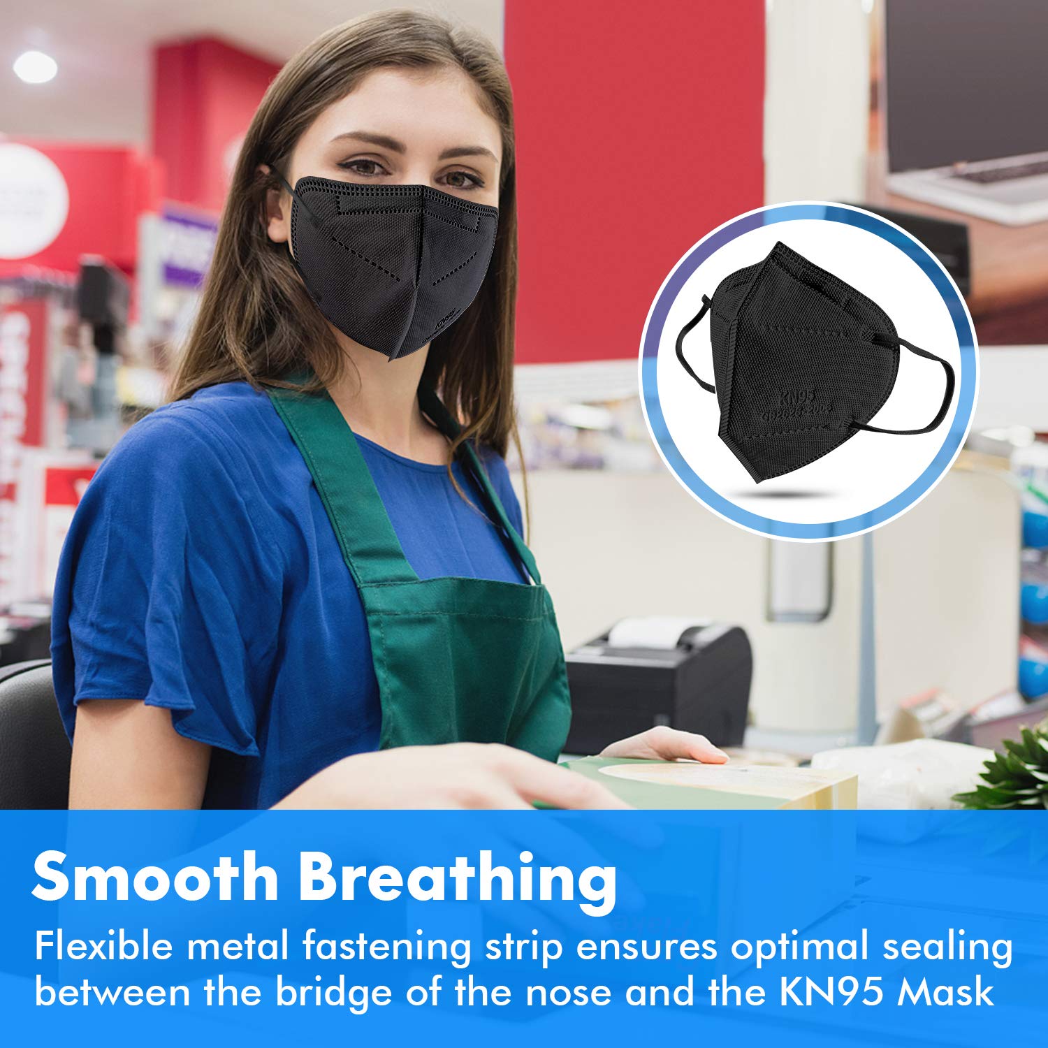 Enlove KN95 Face Masks Black 50 Pack, 5-Layer Filter Face Mask
