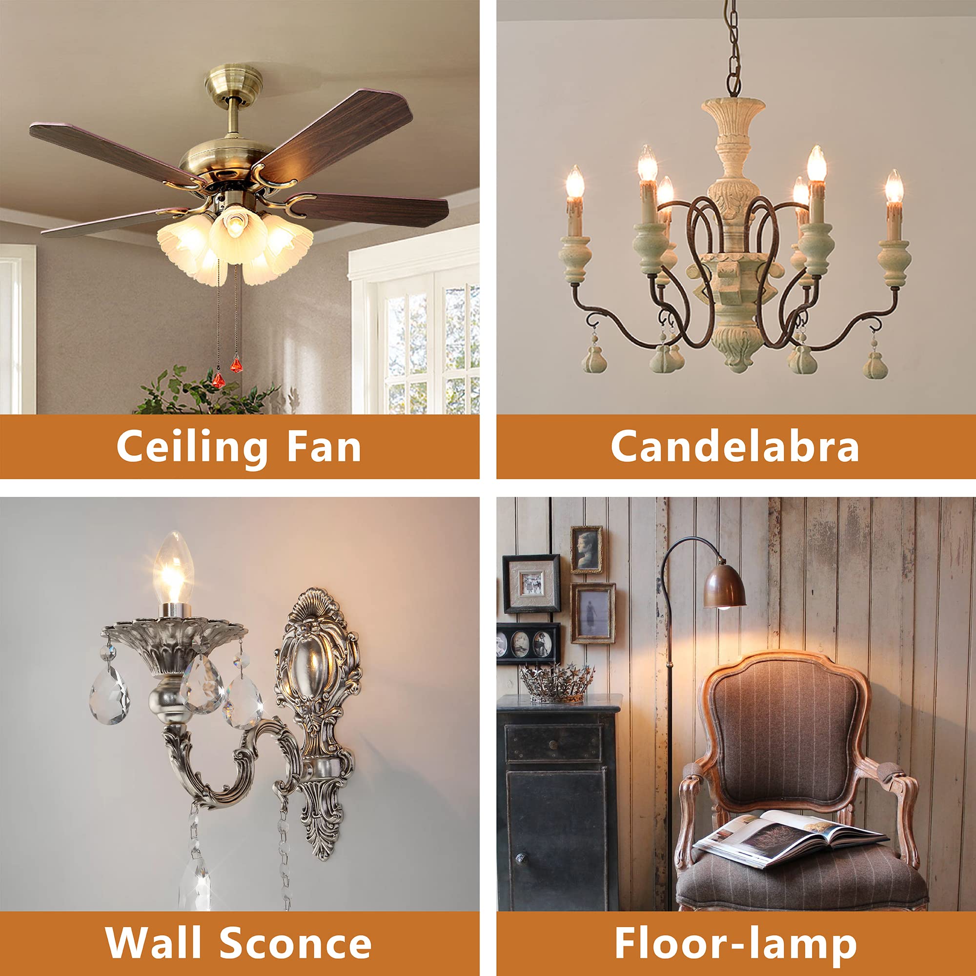 E12 LED Bulbs, Non-Dimmable E12 Candelabra LED Bulb 40 watt Equivalent, C35 2700K Energy Saving 4W Filament LED Chandelier Light Bulbs, Warm White Candelabra Bulbs for Ceiling Fan Home Decor,Pack of 6