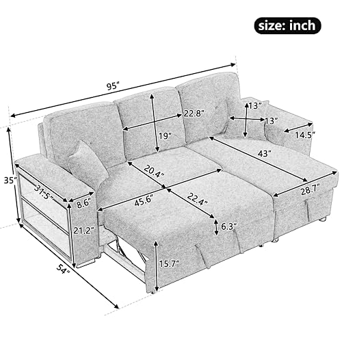 Reversible Sleeper Sectional Sofa Bed with Side Shelf and 2 Stools,Pull Out Couch Bed with Left/Right Hande, L-Shaped 3-Seater Couch for Living Room Apartment(Knox Charcoal)