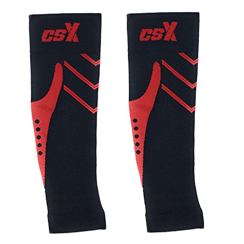 CSX 15-20 mmHg Compression Sleeve for Men and Women, Leg Calf Support, Athletic Sport Fit, Red on Black, Medium