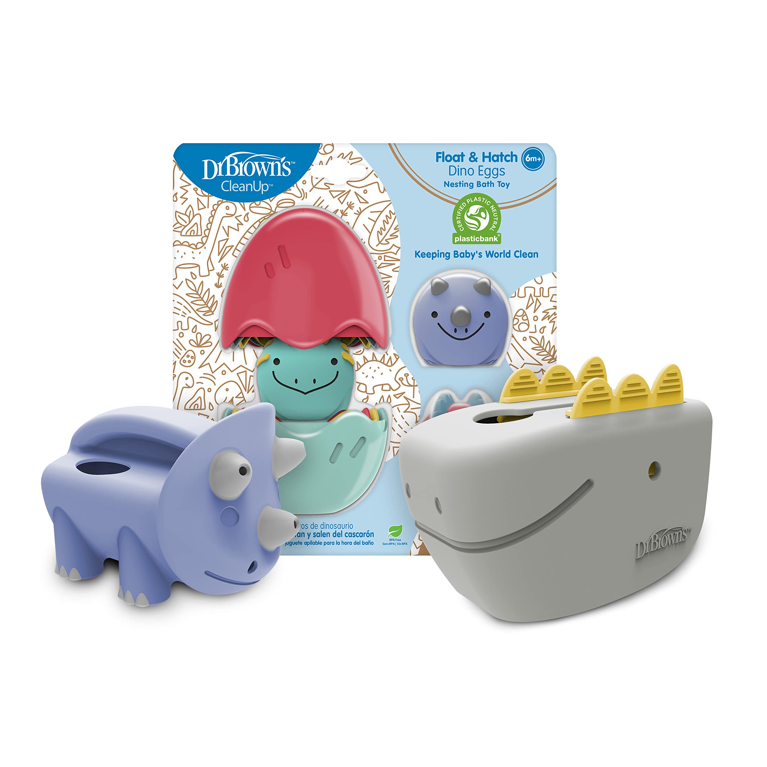 Dr. Brown’s CleanUp Pour & Roar Watering Can 6m+ and Float & Hatch Dino Eggs Nesting Bath Toy, 6m+, BPA Free, Certified Plastic Neutral