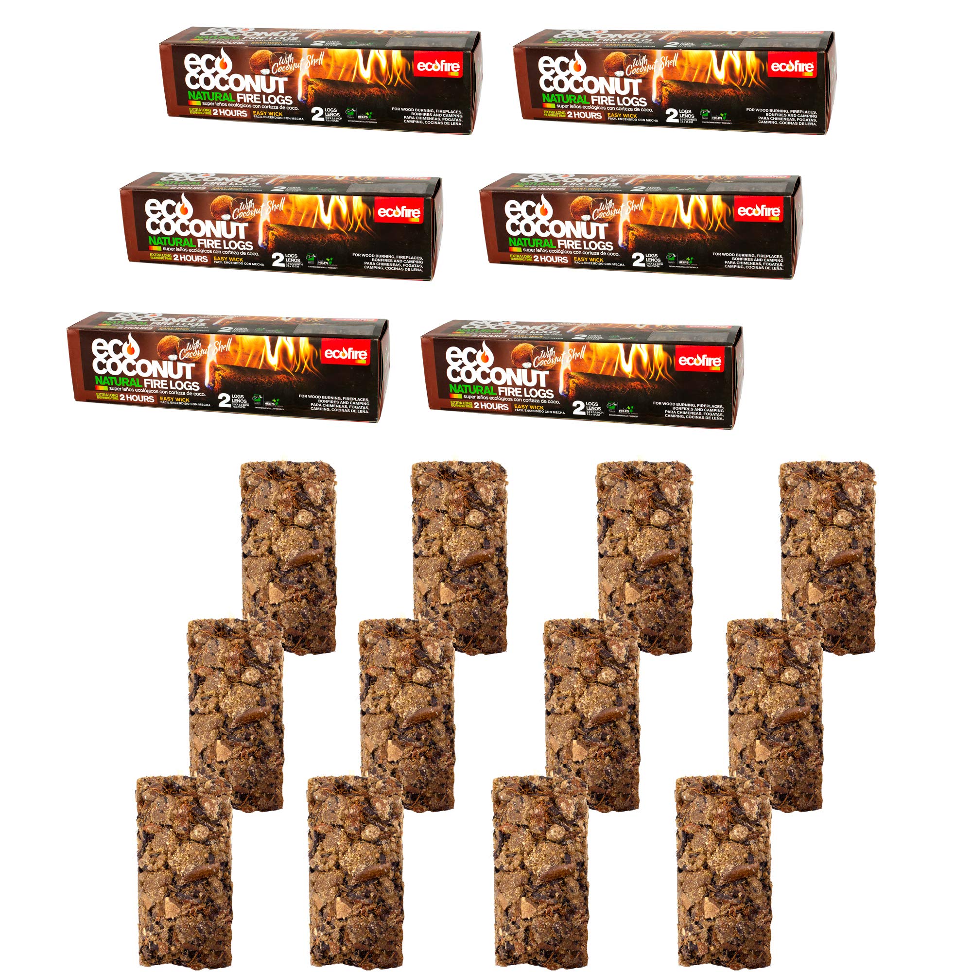 EcoFire ECO Coconut Natural Fire Log, 12 logs, 1 Hour Burn time, Extra Long Duration, Indoor or Outdoor, Brown