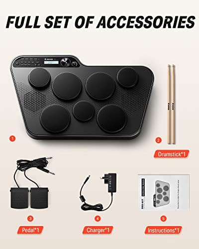 Donner Electronic Drum Set, 7 Pad Digital Portable Drum Kit, Tabletop Drum Pad Machine with Digital Panel, Built-in Speakers, Headphones Jack, PC connection Support, Ideal Holiday Gift(DED 60T)
