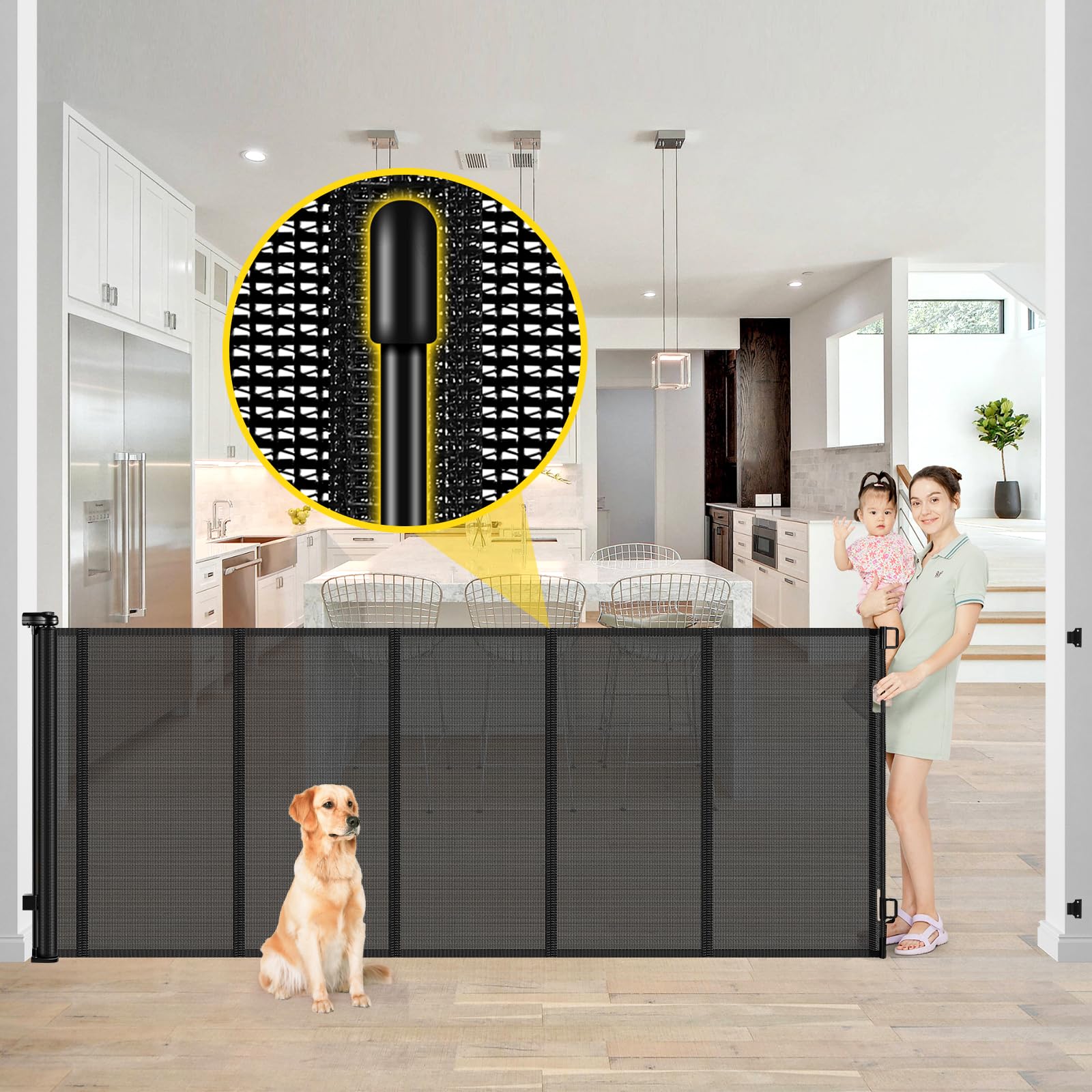 Enhanced 42” Extra Tall & 80” Wide Retractable Baby Gates with Rods to Prevent Crawling Through, Extra Tall Pet Gate for Large Openings Indoor Long Mesh Dog Gate for Stairs and Doorways, Black