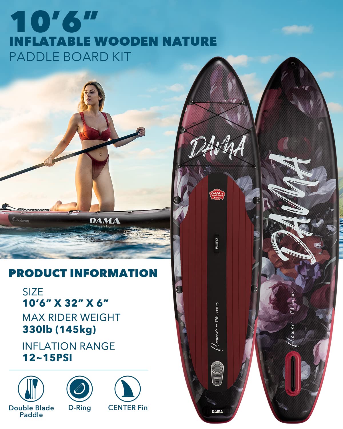 DAMA Stand Up Paddle Boards 10'6"*32"*6" Drop Stitch Inflatable Paddle Board Sup Boards Classic Flower W/Leash, Camera Mount, Hand Pump, for Surfing, Travling, Yoga…