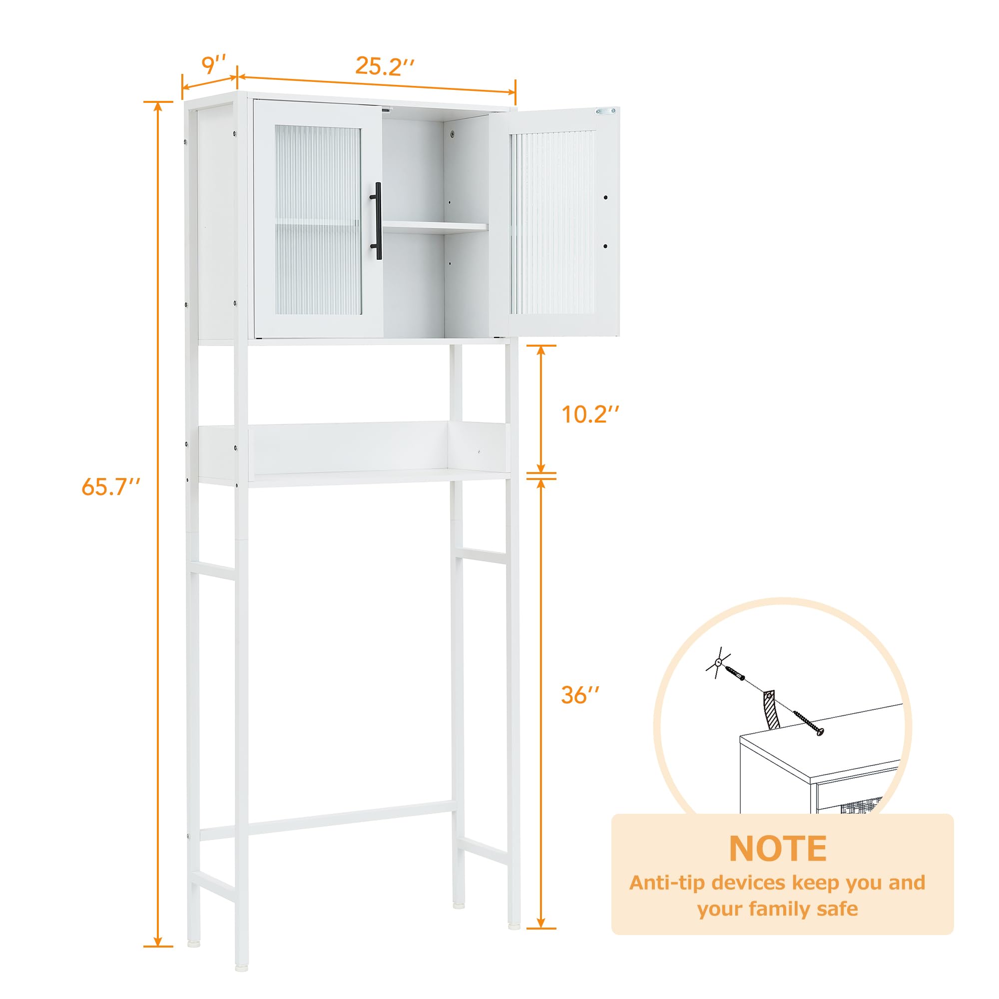 IDEALHOUSE Over The Toilet Storage Cabinet, Bathroom Storage Cabinet Organizer with Doors and Adjustable Shelf, Freestanding Bathroom Storage Rack, White