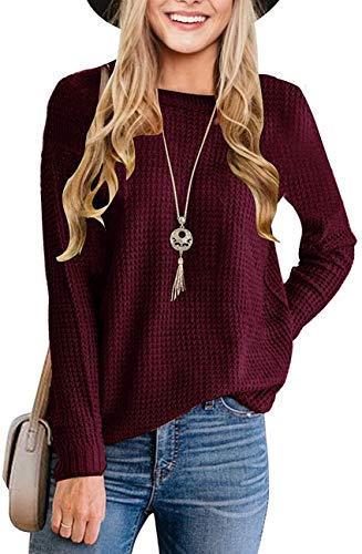 MEROKEETY Women's Long Sleeve Waffle Knit Sweater Crew Neck Solid Color Pullover Jumper Tops Wine